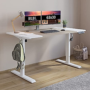 bilbil 63 x 30 Inches Electric Standing Desk, Height Adjustable Sit Stand Table with Splice Board, Stand up Home Office Desk, White Frame/Oak and White Top