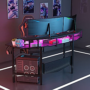 PAKASEPT Gaming Desk with Led Lights, 70.9” Large Wing-Shaped Desk, Carbon Fiber Surface Gaming Table with Monitor Stand, Headphone Hanger & Cup Holder & Dual Slots