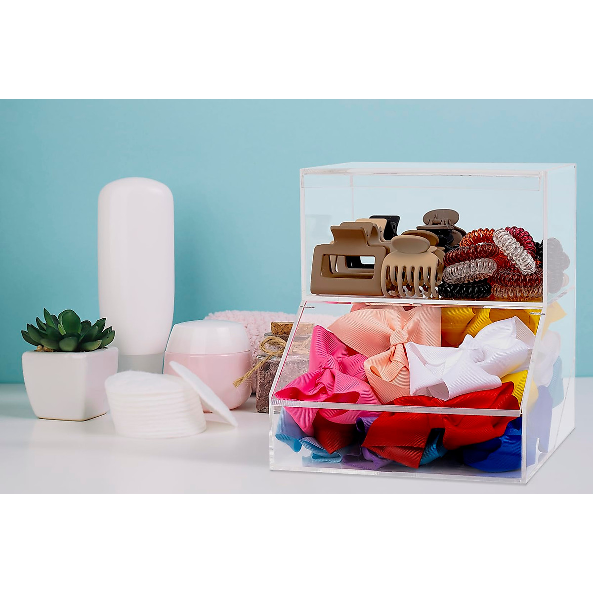 Inevibe Hair Tie Holder & Bows Organizer - 2 Compartment Acrylic Container w/Lids for Storing Bracelets, Headbands, Claw Clips & Accessories for Bathroom & Countertop Display