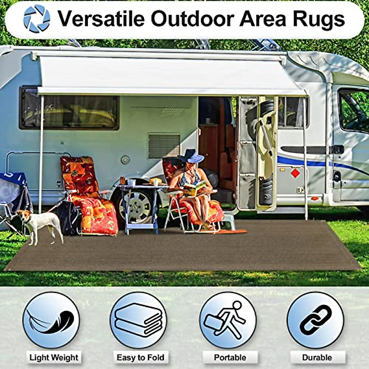 OutdoorLines Plastic Tarp Outdoor Rugs for Patio 8 x 10 ft - UV and Weather Resistant Patio Carpet, Stain Resistant Plastic RV Camping Mats for Porch, Garden, Camper and Picnic, Brown