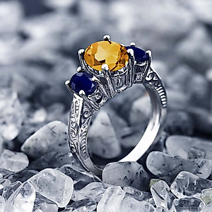 Gem Stone King 925 Sterling Silver Yellow Citrine and Blue Sapphire 3-Stone Engagement Ring For Women | 2.25 Cttw | Gemstone Birthstone | Available In Size 5, 6, 7, 8, 9
