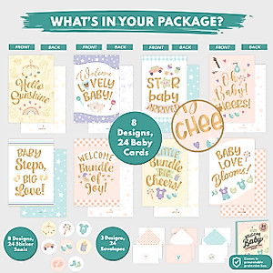 24 Pack Gold Foiled Baby Cards Congratulations With Envelopes & Stickers, 8 Designs with Printed Message New Baby Cards, 4x6" New Baby Card Baby Shower Cards Gender Neutral, Baby Congratulations Cards