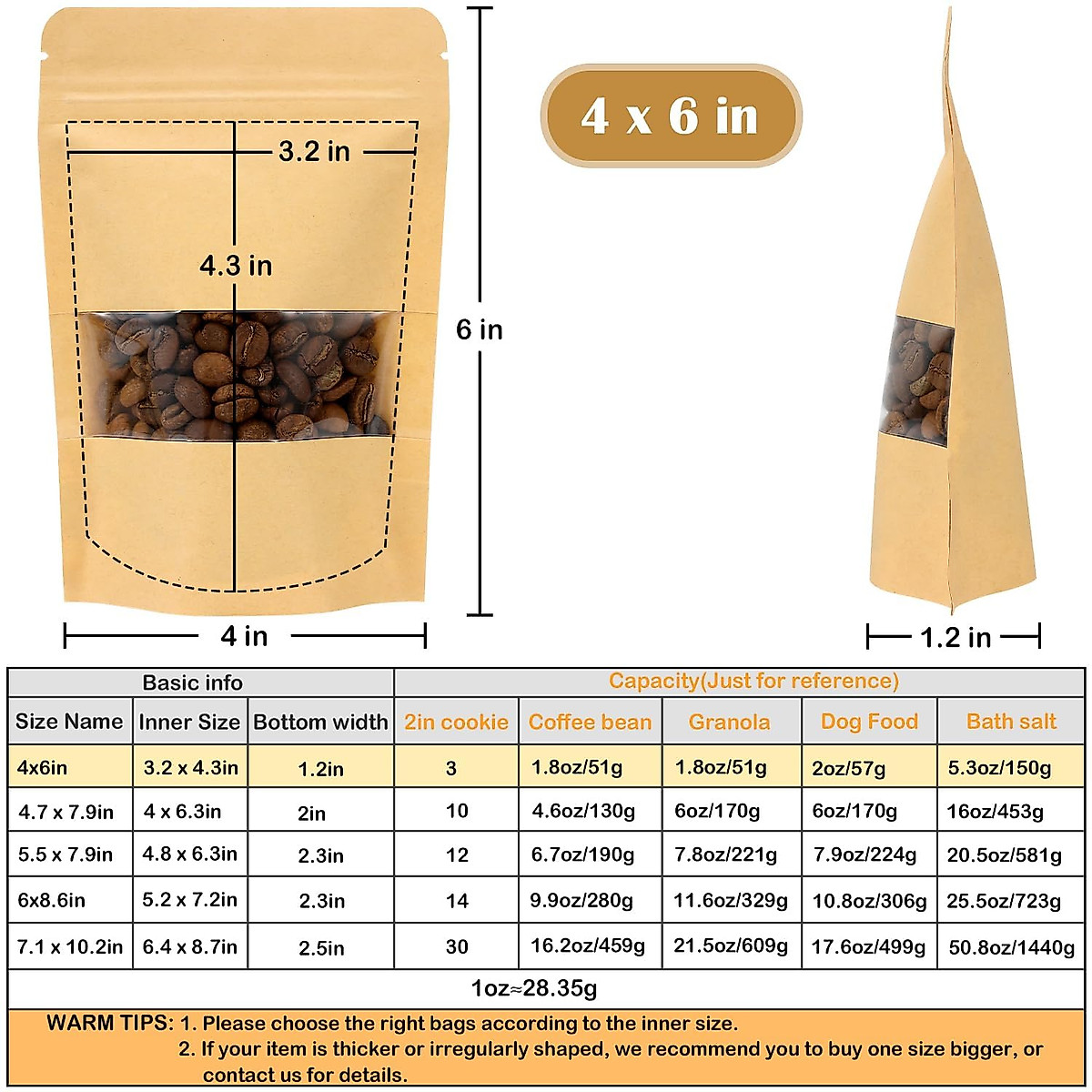 Blisstime 50 Pack Kraft Stand Up Zip Lock Pouch Bags, Resealable Bag with Transparent Window and Tear Notch for Multipurpose Storage (4 X 6 Inches)