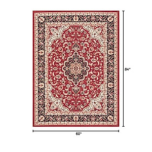 Well Woven Kings Court Gene Red - Non-Slip Rubber Backed Oriental Medallion 5x7 Area Rug - for Living Room & Dining Room - Kid & Pet Friendly, Easy-to-Clean, Machine-Washable, Low Looped Pile