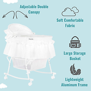 Dream On Me Lacy Portable 2-in-1 Bassinet & Cradle in White, Lightweight Baby Bassinet with Storage Basket, Adjustable and Removable Canopy