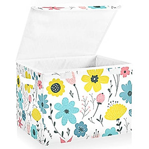 Kigai Storage Basket Cute Flower Storage Boxes with Lids and Handle, Large Storage Cube Bin Collapsible for Shelves Closet Bedroom Living Room, 16.5x12.6x11.8 In