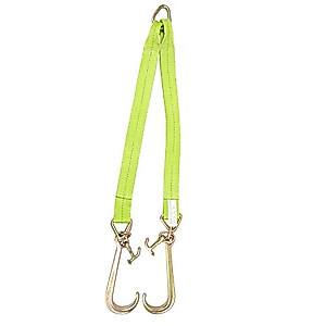 Mytee Products V Bridle Tow Strap 3" x 36" w/ 15" J Hook w/T-J Hooks, Hi VIZ/High Abrasion Green Webbing, 5400 lbs WLL | Recovery V-Strap w/Reinforced Webbing for Towing, Car Wrecker, Rollback