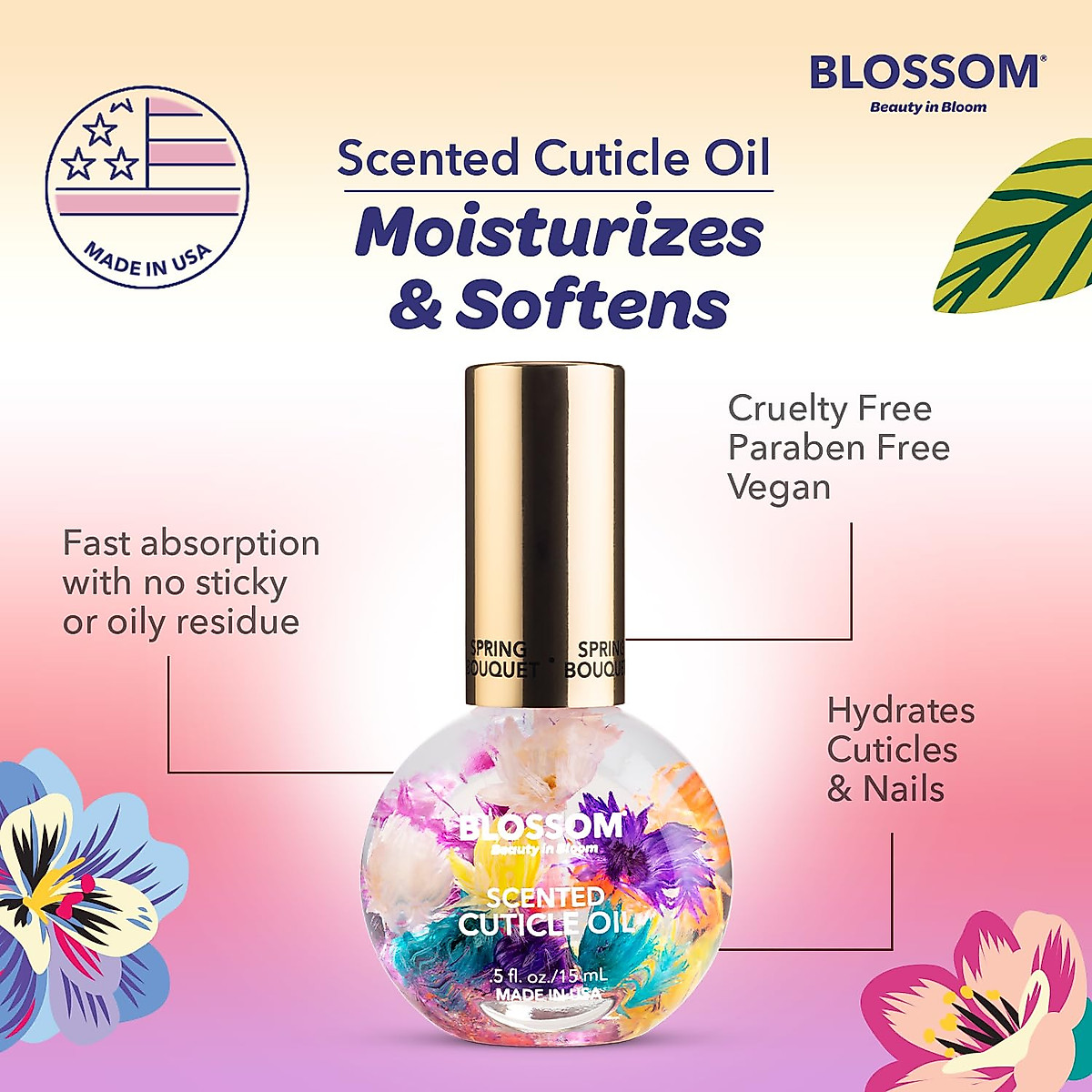 Blossom Hydrating, Moisturizing, Strengthening, Scented Cuticle Oil, Infused with Real Flowers, Made in USA, 0.42 fl. oz, Spring Bouquet