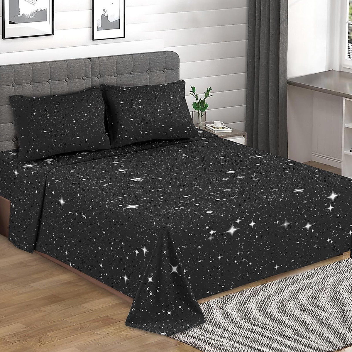 Pamnest 4 Pieces Queen Size Bed Sheet Sets, Space Starry Deep Soft Microfiber Bedding Sets for Kids and Adults Bedroom Bed Decor, Black Star Sky Flat Sheet, Fitted Sheet and 2 Pillowcases