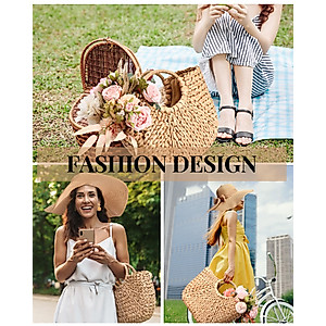 Loetere 5 Pcs Women Large Straw Beach Bag 5.5 Inch Big Bowknot Straw Beach Hat with Rattan Earrings Set Summer Handwoven Straw Tote Bag Wide Brim Floppy Sun Hat Foldable for Summer Vacation Travel