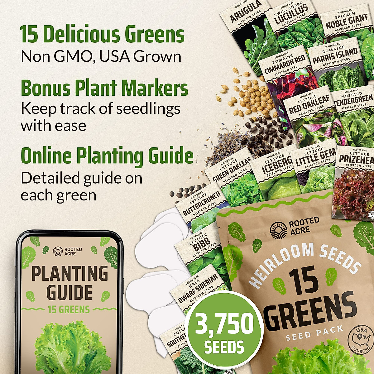 Rooted Acre 15 Lettuce & Green Seeds Pack | Non-GMO Heirloom Seeds | Garden Salad Greens Seeds | Hydroponic Vegetable Seeds for Planting Indoor | Romaine, Kale, Spinach, Arugula, & Butter Lettuce Seed