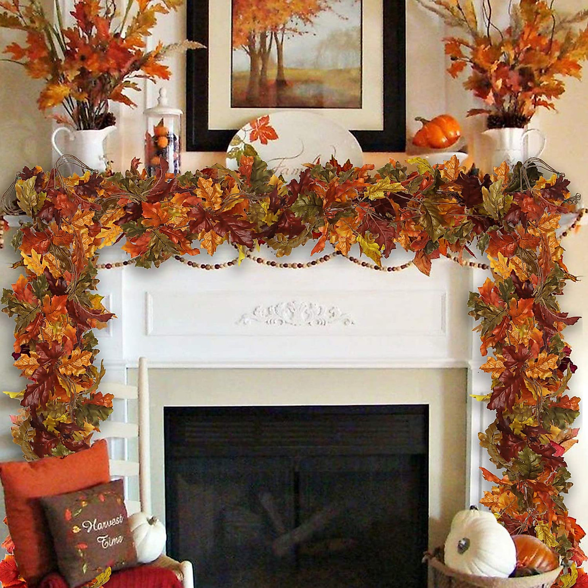 4 Pack Fall Oak Leaves Garland Artificial 5.2ft Fake Autumn Leaf Foliage Garland Hanging Vines for Indoor Outdoor Home Halloween Thanksgiving Wall Mantel Party Decor