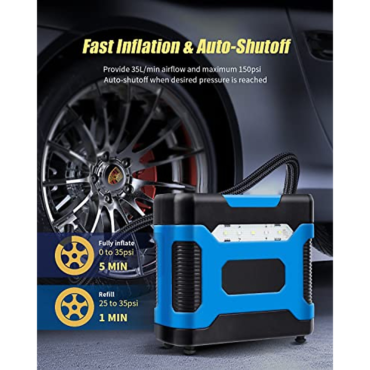 Tire Inflator Portable Air Compressor, Air Pump for Car Tires 12V DC Car Tire Pump with Digital Pressure Gauge, 150PSI Car Air Pump with Emergency LED Light for Cars, Bikes, Balls, and Others - Blue