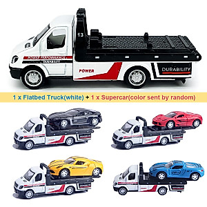Flatbed Truck Toy Rescue Tow Truck Transport Trailer Car Carrier Metal Diecast Pull Back Vehicles 2 in 1 Vehicle Playset Toy Trucks for Boys Kids Toddlers Birthday Gifts for Age 3 4 5 6, White
