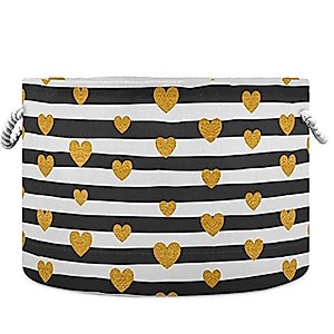 visesunny Collapsible Large Capacity Basket Gold Heart Black White Striped Clothes Toy Storage Hamper with Durable Cotton Handles Home Organizer Solution for Bathroom, Bedroom, Nursery, Laundry,Closet