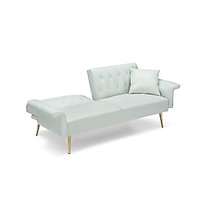 Jintop 67.71 Inch Waterproof Faux Leather Upholstered Sleeper Sofa-Bed and Adjustment Armres,Tuffed Button Couch Chaise w/Metal Legs & Pillows,for Dorm,Apartment,Studio,White, 67.71"