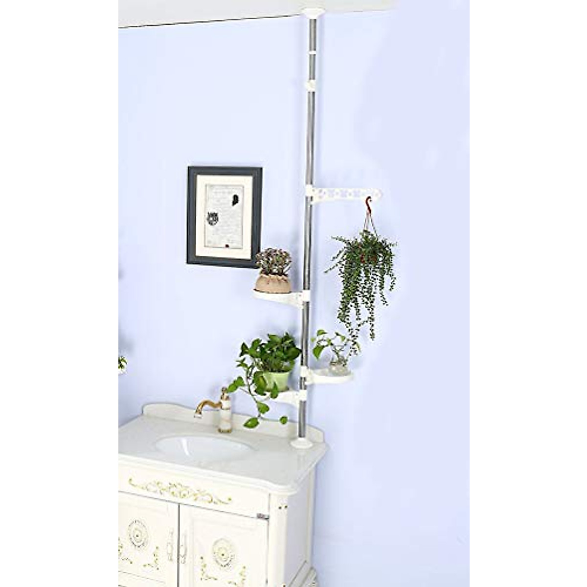 BAOYOUNI Indoor Plant Pole Stand Tension Rod Hanger Window Sill Flower Display Rack Holder Adjustable Corner Vertical Storage Organizer with 3 Trays & 1 Arm for Counter Top, Ivory