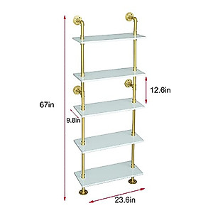 HEONITURE 5 Shelf Modern Gold Bookshelf, Wall Mount White Bookcase, Ladder Shelf with Metal Frame, Display Shelf Shelves for Living Room/Home/Office