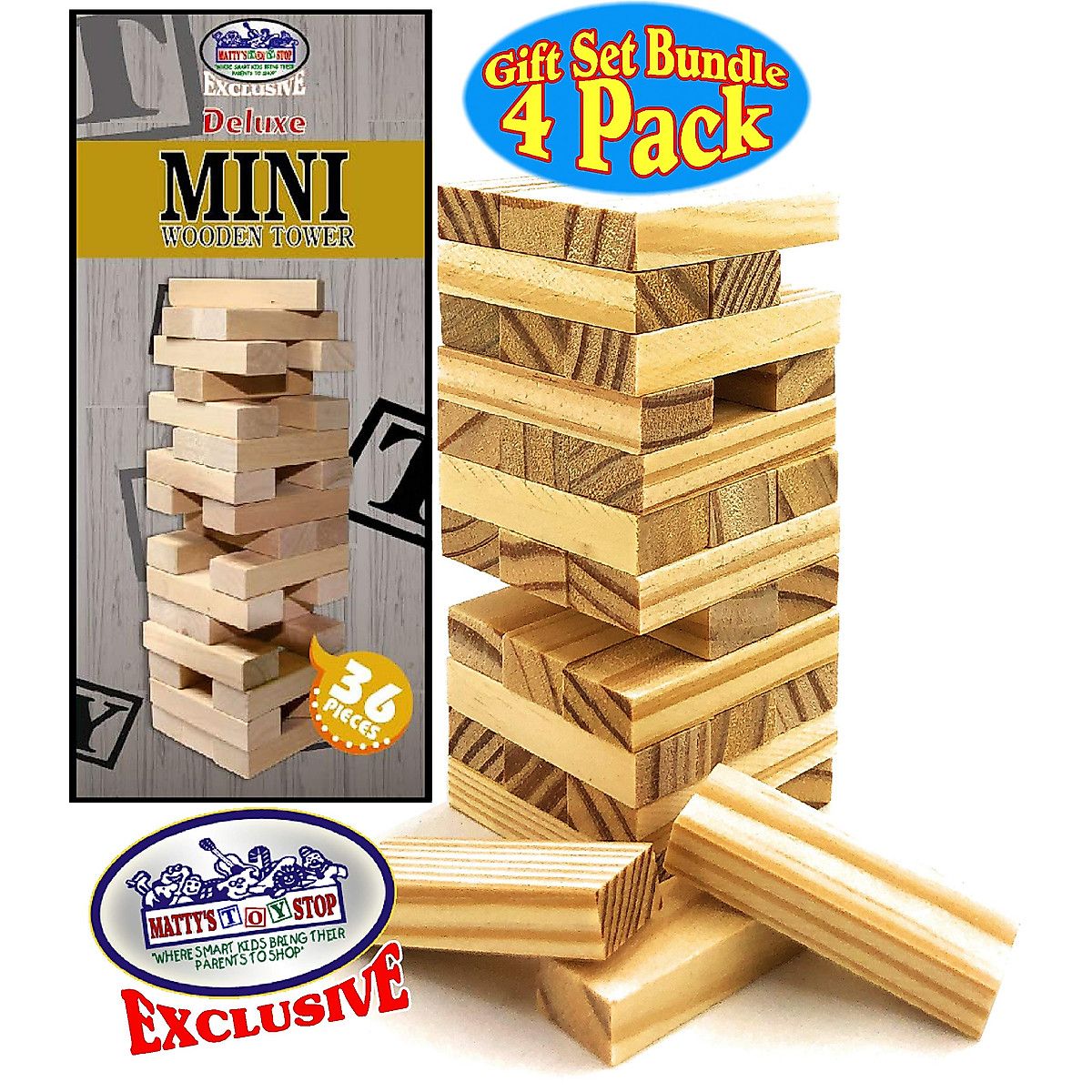 Matty's Toy Stop Mini Wooden Tower 36 Piece Stacking Game (4.25") Gift Set Party Favor Bundle - 4 Pack