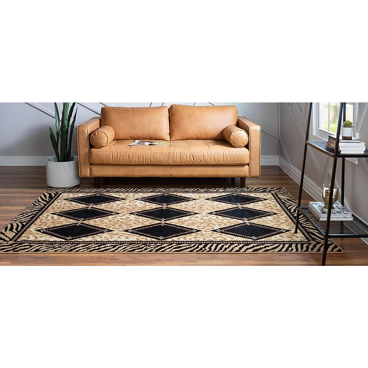 Unique Loom Wildlife Collection Animal Inspired with Leopard Geometric Bordered Design Area Rug, 6 ft x 9 ft, Light Brown/Black