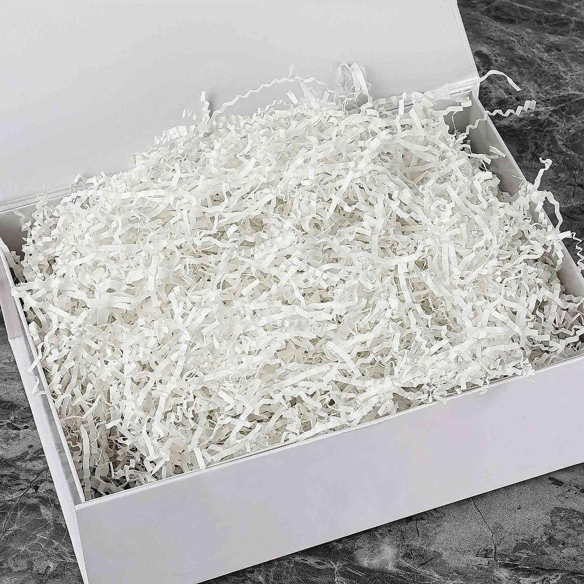 PLINJOY 4 OZ Crinkle Cut Paper Shred Filler for Gift Basket Shredded Confetti Paper Box Stuffing Easter Basket Grass (White)