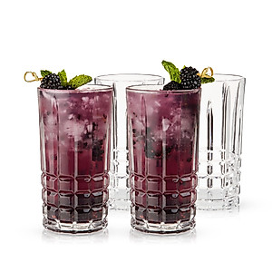 Viski Highland Highball Drinking Glasses Set of 4 - Premium Crystal Square Cut Tall Cocktail Glassware Gift Set, 12 oz