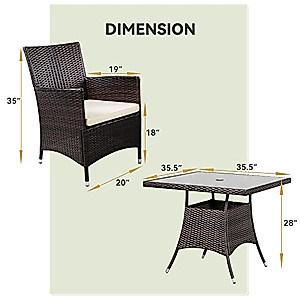 SUNCROWN 5 Piece Outdoor Dining Set All-Weather Wicker Patio Dining Table and Chairs with Cushions, Square Tempered Glass Tabletop with Umbrella Cutout for Patio Backyard Porch Garden Poolside