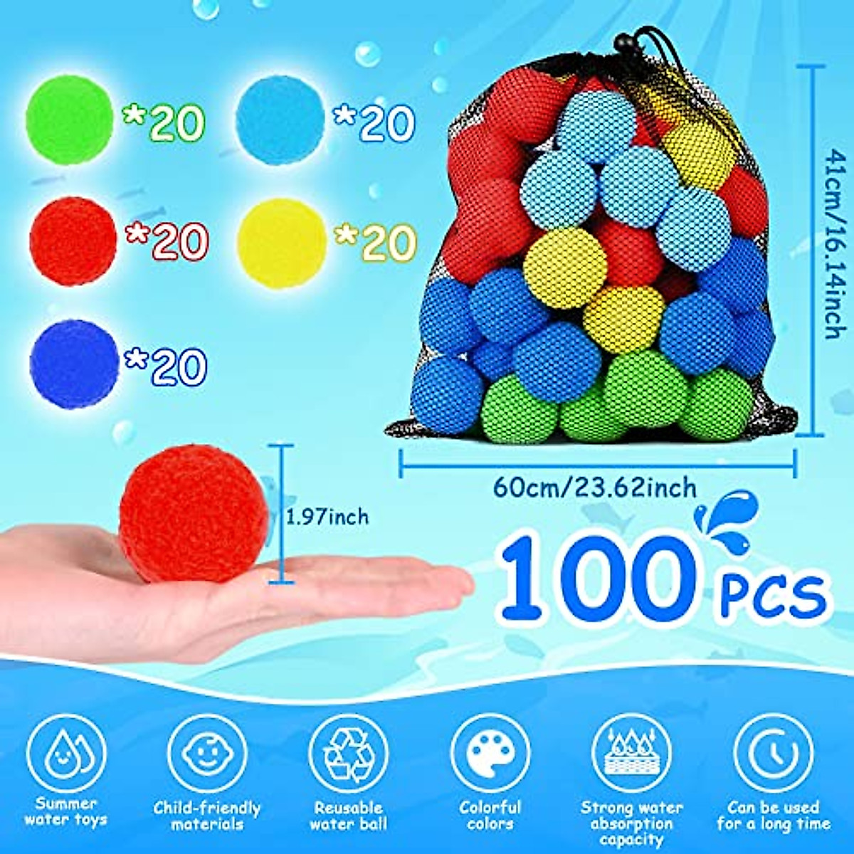 AXRUNZE Reusable Water Balloons 100PCS Soaker Water Balls Kids Outdoor Toys for Pool Water Toys 5 Colors, 1x mesh Bag, Rightness Beach Ball for Children and Young Boys and Girls