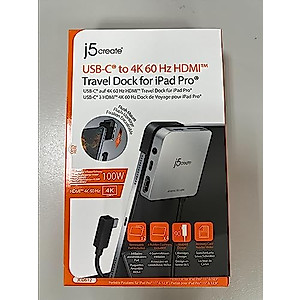 j5create iPad Pro USB C Hub- 6-in-1 Travel Dock for iPad Pro 12.9”/11”, with 4K@60Hz HDMI, USB C PD Charging 100W & Data, USB A 3.1, SD and microSD Card Reader, 3.5mm Headphone Jack (JCD612)