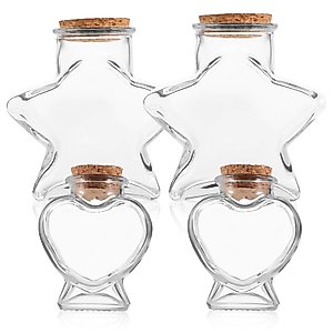 Luxshiny Glass Cork Bottle 4 Pcs Small Glass Jars with Cork Lids Heart and Star Shaped Candy Jars Cookie Jars Clear Storage Container Jars Wishing Bottles Drift Bottles Glass Lucky Bottle