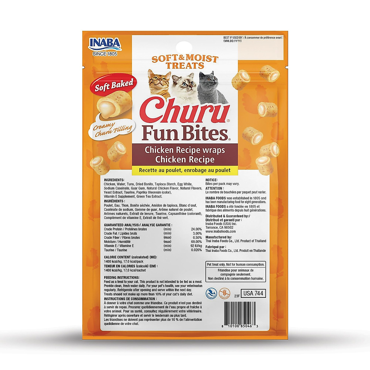 INABA Churu Fun Bites for Cats, Soft & Chewy Baked Chicken Wrapped Filled Cat Treats with Taurine, 0.42 Ounces Each Tetra, 18 Tetras (3 per Bag), Chicken Recipe