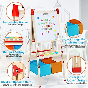 Kids Wooden Easel with Paper Roll, Fixget Upgrade Double-Sided Whiteboard & Chalkboard Standing Easel, Art Easel with Numbers Magnetic Accessories Art and Craft Set Painting Drawing Gifts for Toddler