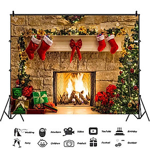 XLL Christmas Photography Backdrops Christmas Fireplace Decoration Background for Photo Happy Holiday Party Decoration Props 7x5FT(210CM X 150CM)