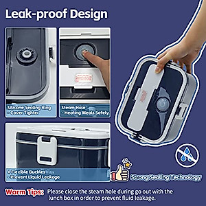 Timilon Electric Lunch Box Food Heater 60W Food Warmer Portable Self Heating Lunch Box for Car/Truck/Home with 1.8L Removable Stainless Steel Container Fork & Spoon (White+Dark Blue)