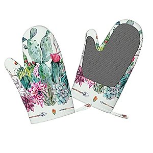 Cactus Thicker Oven Mitts/BBQ Gloves,Spring Garden Plants Arrows,Oven Glove Heat Resistant 464℉ with Non-Slip Silicone Surface for Bake,Cooking,BBQ,Mint Green