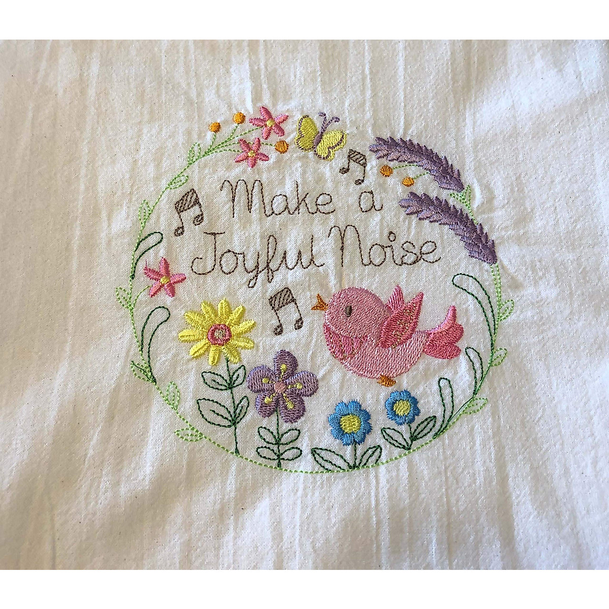 Make a Joyful Noise embroidered tea towel, bird and flowers in wreath, machine embroidery on flour sack dish towel