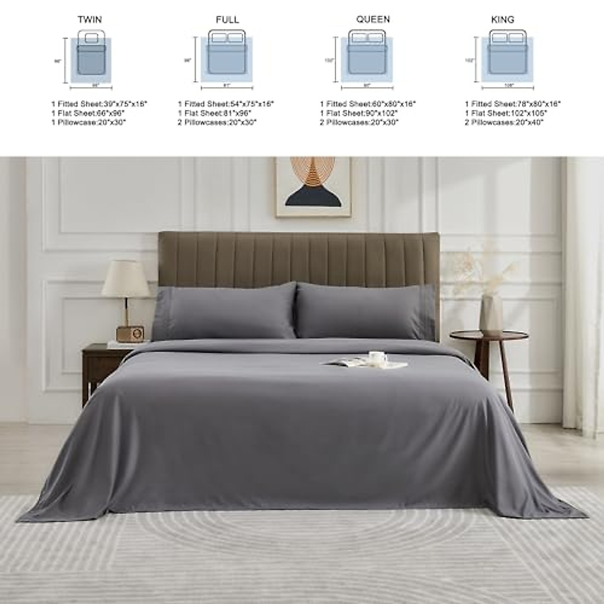 WODFAMY Microfiber Full Size Bed Sheet Set Extra Soft Deep Pockets Luxury Hotel Bed Sheets Breathable & Cooling Wrinkle Free 4 Piece Set Fulls Sheets Dark Grey&Gold