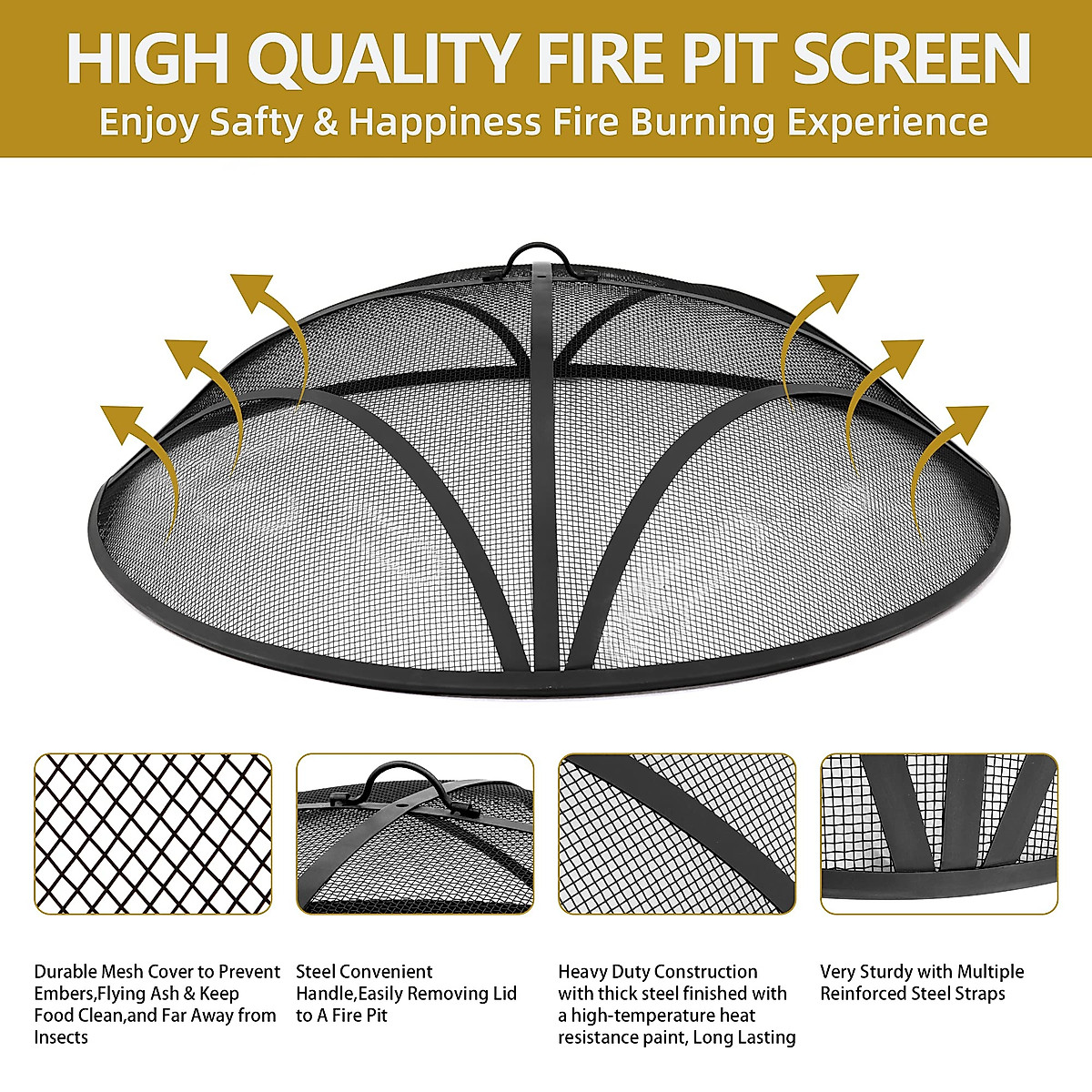 WeCooper 32In Reinforced Steel Round Fire Pit Screen Cover,Outdoor Patio FirePit Spark Screens,Heavy Duty Steel Mesh Fire Pit Ember Lid with Handle…