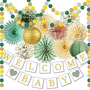 Sage Green Baby Shower Decorations Welcome Baby Banner Olive Green Gold Tissue Pom Poms, Paper Flower, Paper Lanterns, for Boy Girl Neutral Gender Reveal Baby Shower Decor