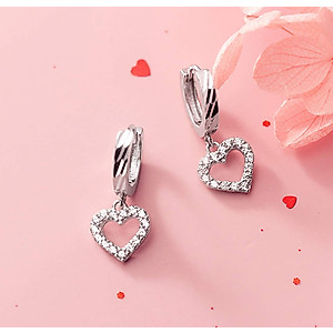 SLUYNZ 925 Sterling Silver Delicate CZ Heart Hoop Earrings for Women Sweet Love Heart Drop Earrings (A-Silver)