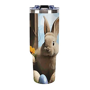 40 Oz Vacuum Tumbler with Light Rose Red Handle Leakproof Insulated Tumbler Easter Rabbit And Easter Eggs Stainless Steel Travel Mug with Lid And Straw Coffee Cup Cute Water Bottles Cup Holder Friendl