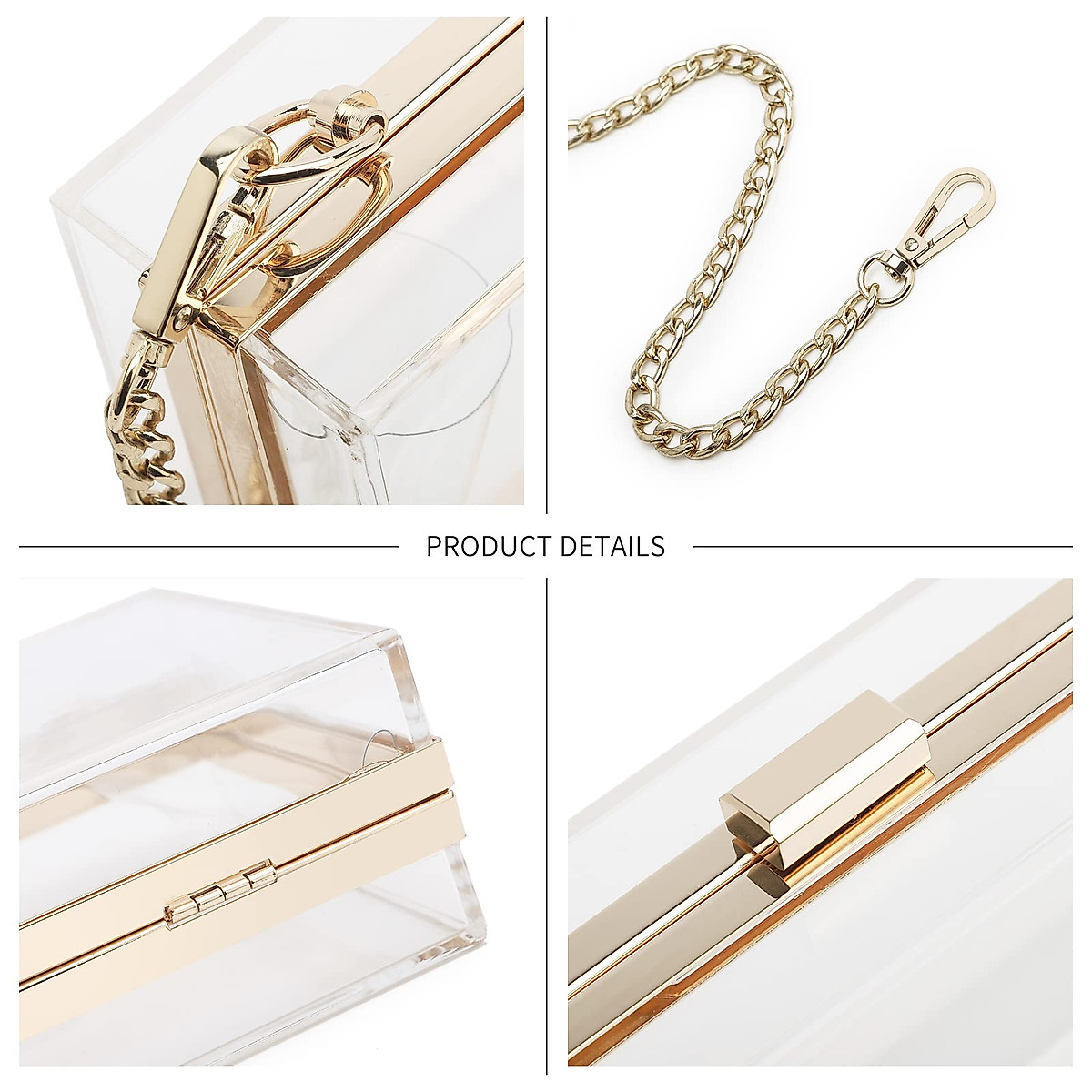 SharPlus Women Cute Clear Purse Acrylic Box Clutch Handbag, Transparent Crossbody Evening Bag Stadium Approved Gold Chain Strap