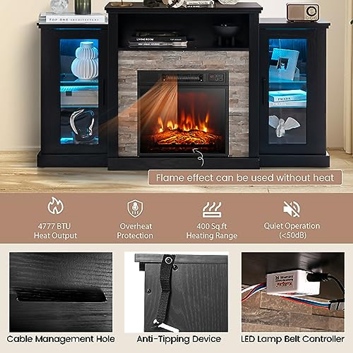 Tangkula Electric Fireplace TV Stand, Electric Fireplace Mantel with 16-Color Led Lights, Adjustable Glass Shelves, Remote & Smart APP Control, TV Console for Living Room (Black)