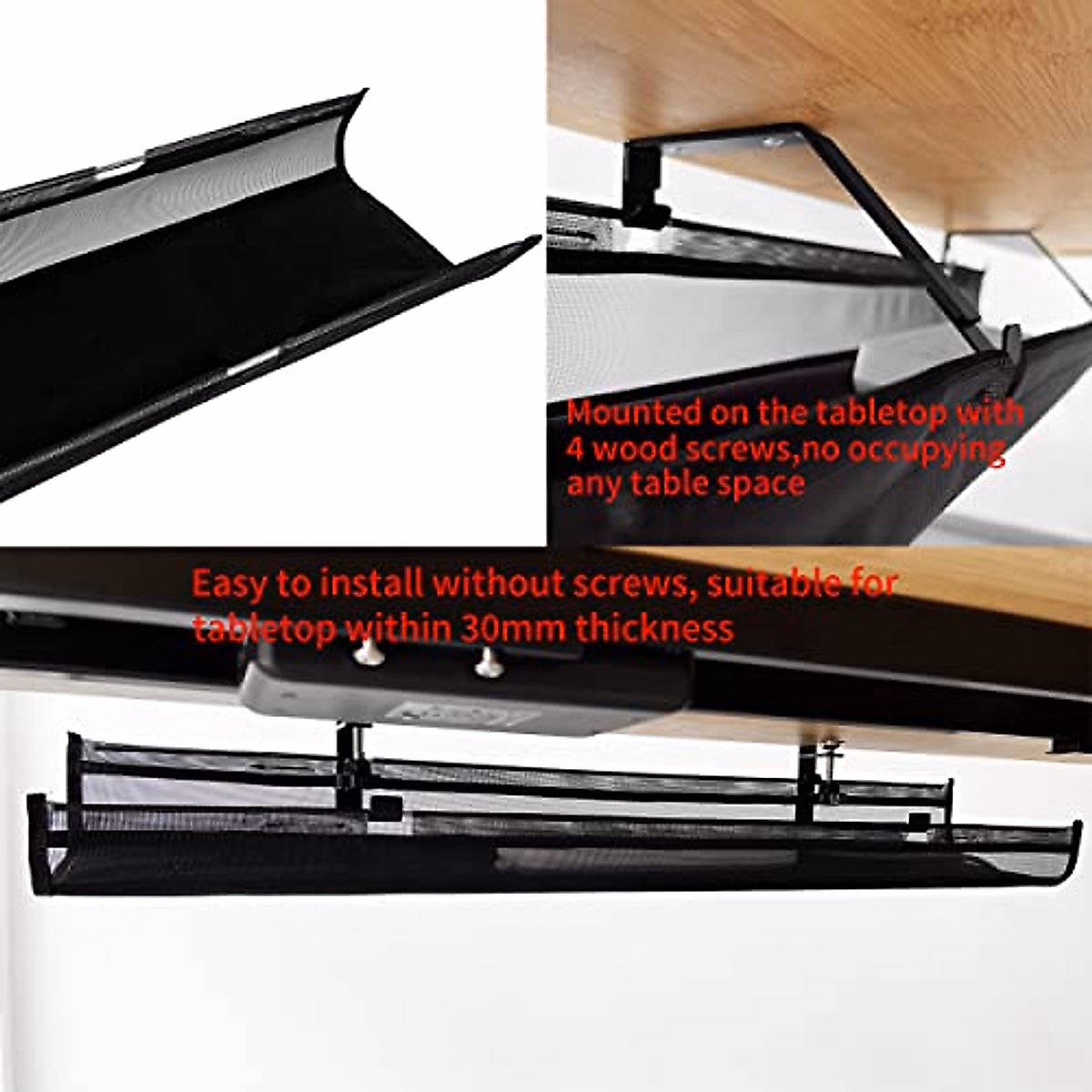 VWINDESK Under Desk 23.5 Inch Mesh Fabric Cable Management Tray, Power Cable Holder, Cord Organizer, Make Wire Tidy for Height Adjustable Desk, Black