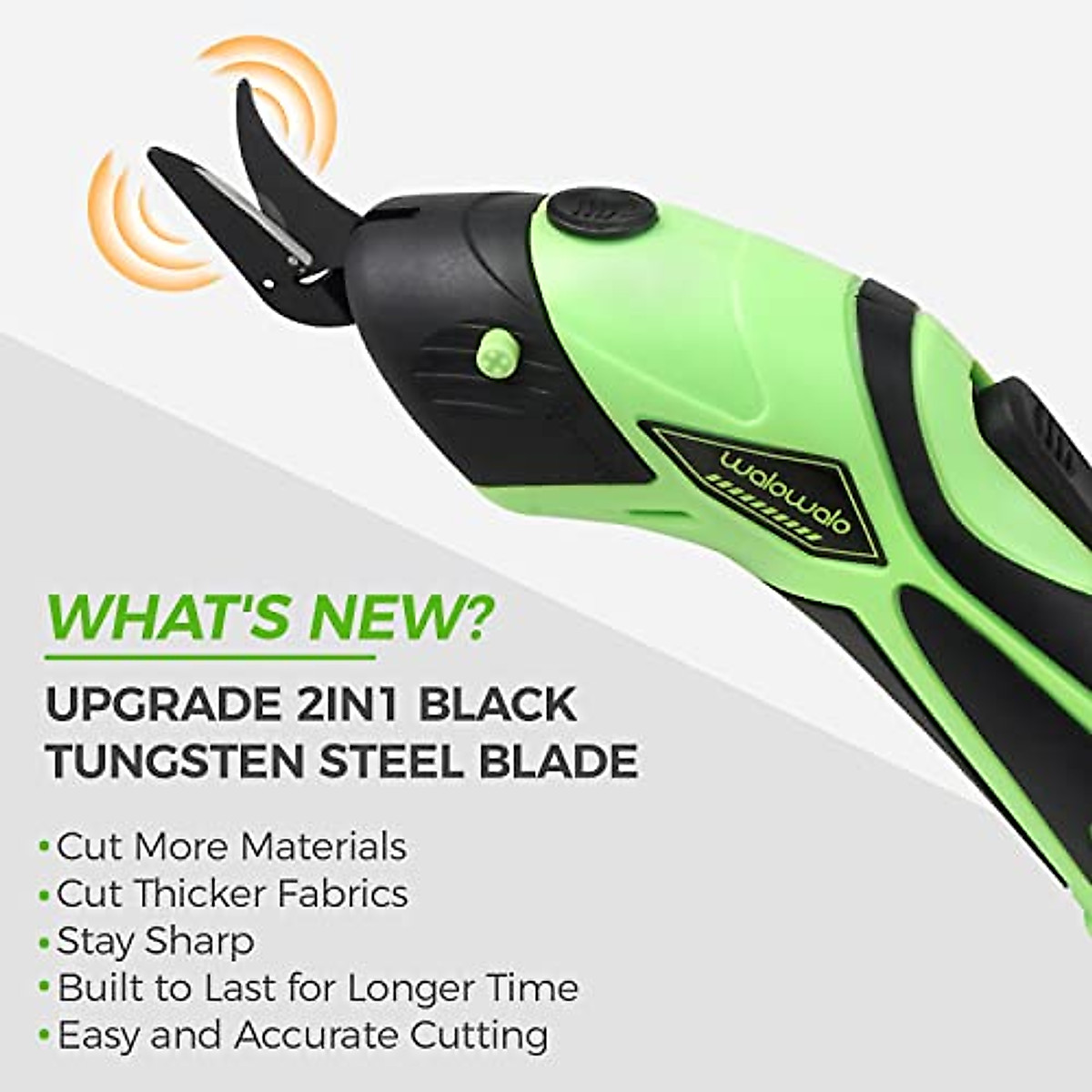 walowalo Electric Scissors for Fabric Cutting Cardboard Heavy Duty Box Cutter 2 Batteries for Leather Denim Sewing Rubber Blanket 4V Li-Ion Power Cordless Shears (Fast Charge + Tungsten Steel Blade)