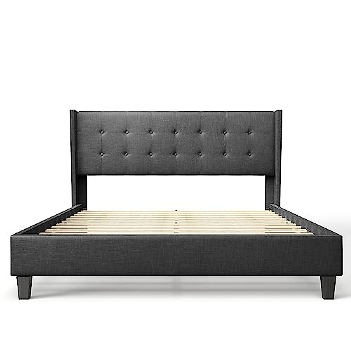 BONSOIR King Size Grey Color Bed Frame Upholstered Traditional Low Profile Platform with Wing Back Headboard Linen Fabric Upholstery/Sand (Dark Grey, King Size)