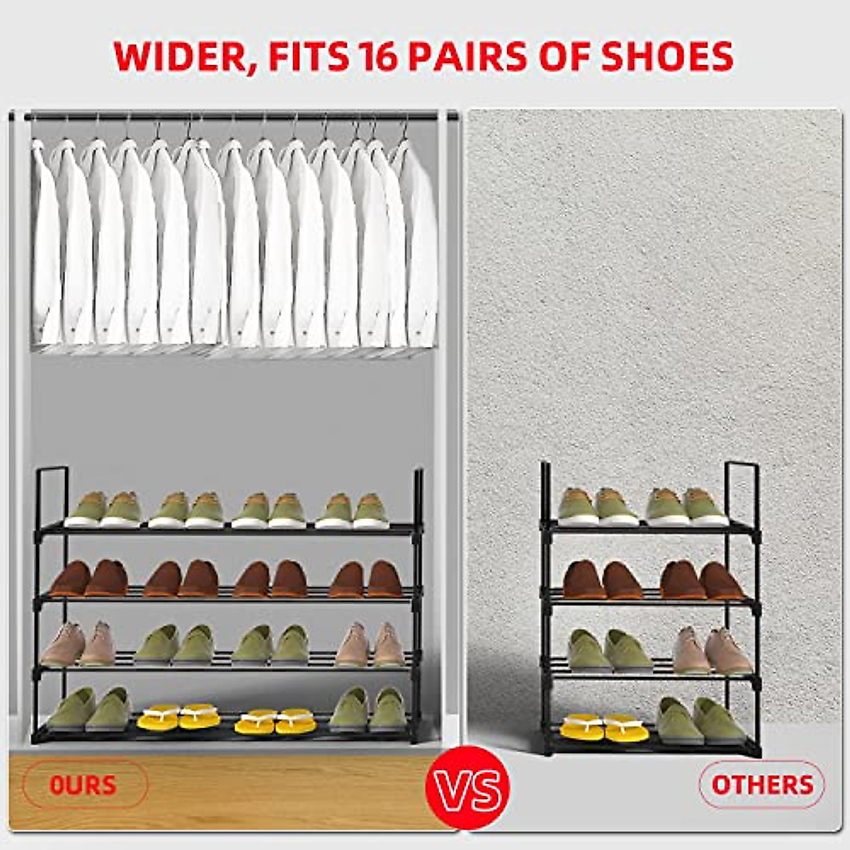 BIWHALE 4-Tier Stackable Shoe Rack, Expandable & Adjustable Fabric Shoe Shelf Storage Organizer, Black