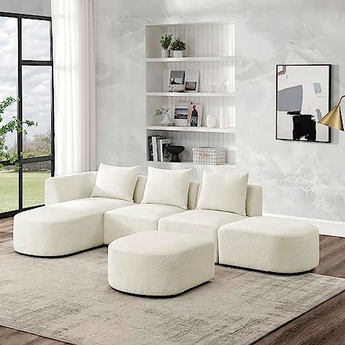 Free Combination Upholstered Reversible Modular Sectional Sofa,Rearrangeable L-Shaped Corner Cloud Deep Sofá with Left Side Chaise,Ottoman and Waist Pillows for Living Room Office Furniture Set