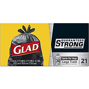 GLAD Strong Quick-Tie Large Trash Bags, 30 Gallon Bags for Large Kitchen Trash Can, 21 Count (Package May Vary)