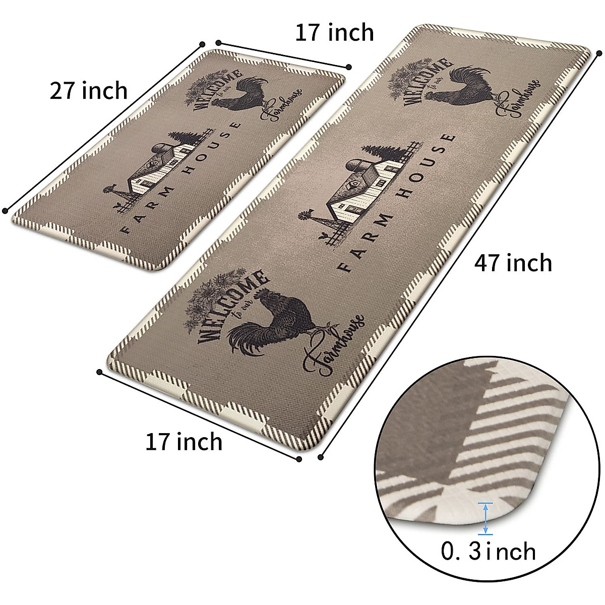 AQQA Kitchen Mat, Anti Fatigue Rooster Buffalo Plaid Sunflower Farmhouse Rugs, Waterproof & Non-Slip PVC Leather Floor Mat for Kitchen, Sink, Office, Laundry, Set of 2 (Brown, 17"x27"+17"x47")